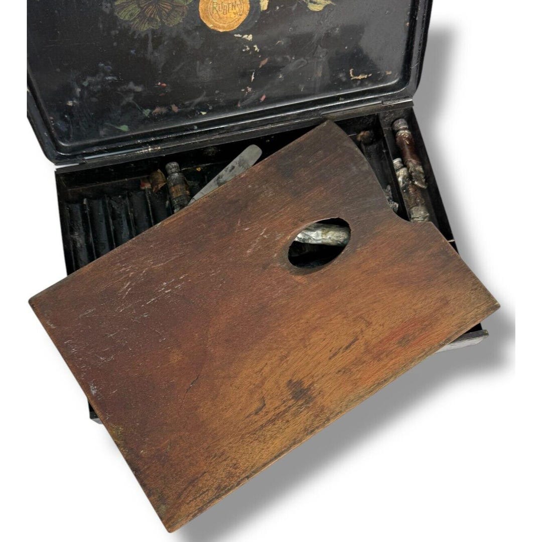 Antique Paint Box W Wood Palette Art Supplies Palette Knife English ...