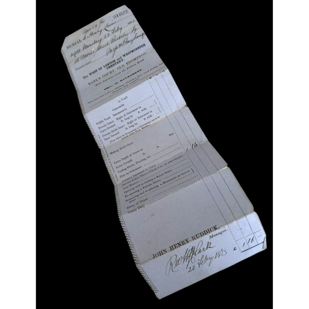 Burial Cemetery Receipt 1863 England Antique Funeral Ephemera Henry ...