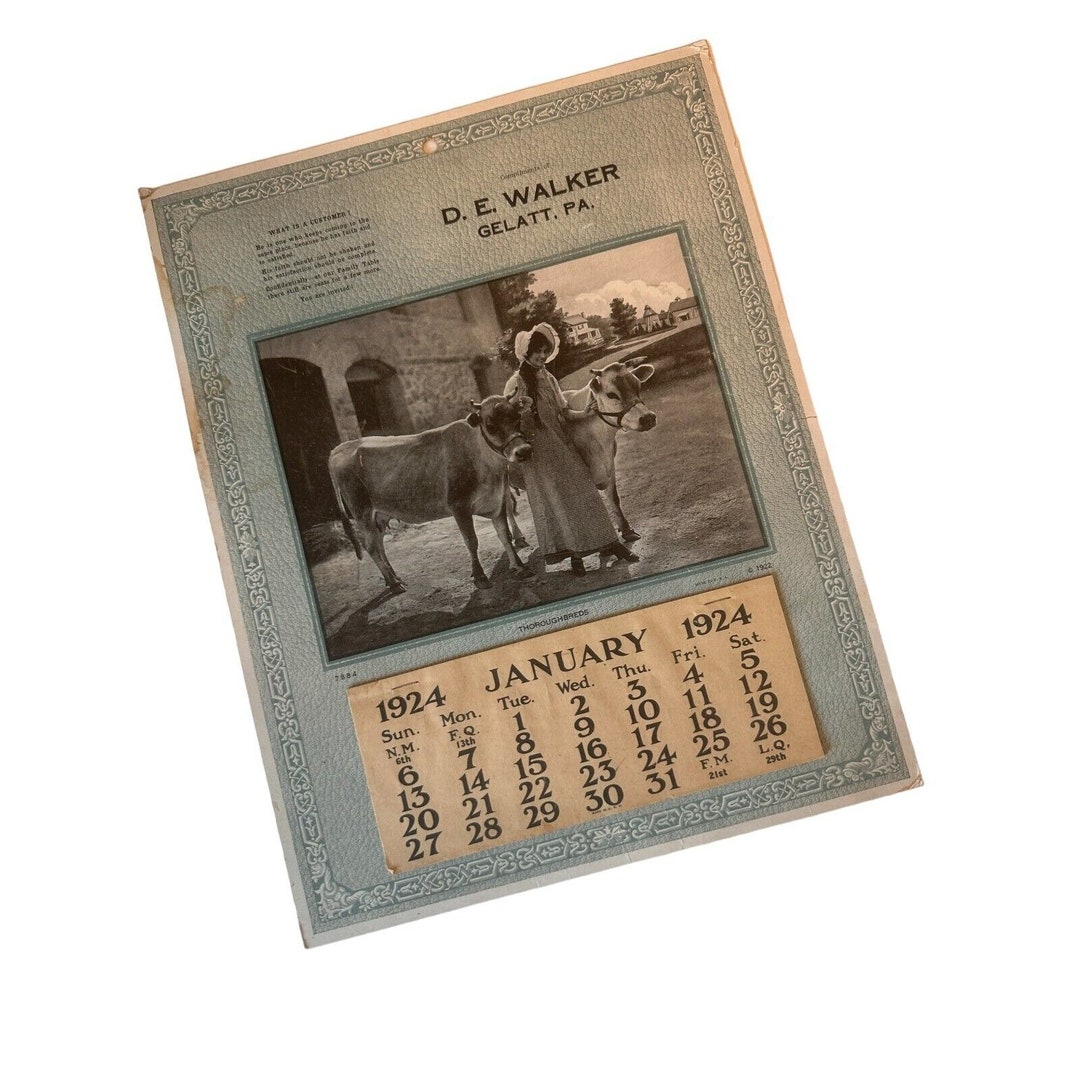 Calendar 1924 D E Walker Gelatt PA Cows Advertising Complete - Etsy