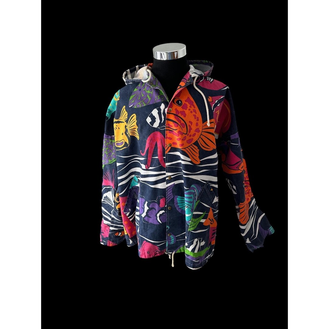 Vintage Michigan Rag Co. Hooded Jacket L XL Oversized Colorful Fish ...