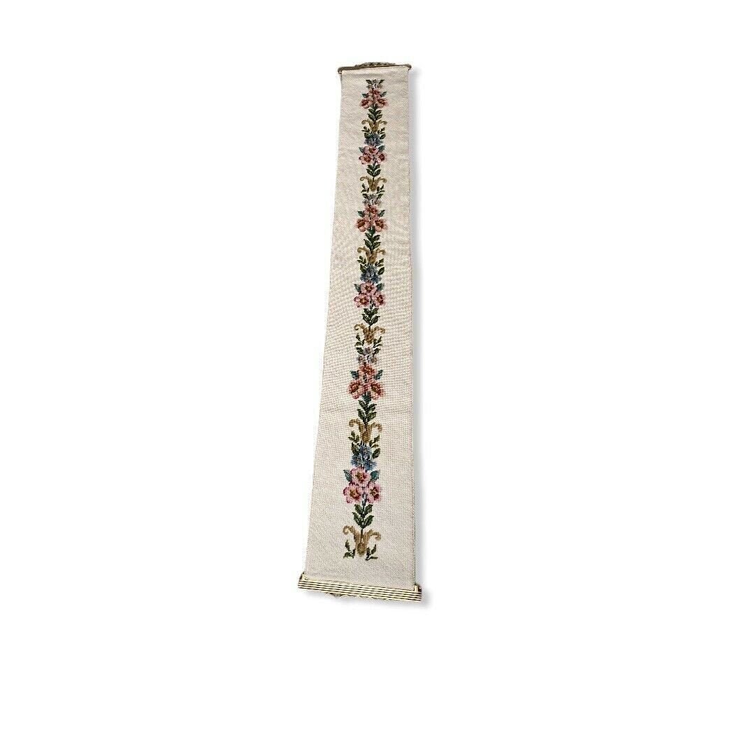 Vintage Needlepoint Bell Pull Floral Oversized 9" X 68" Brass Hardware ...