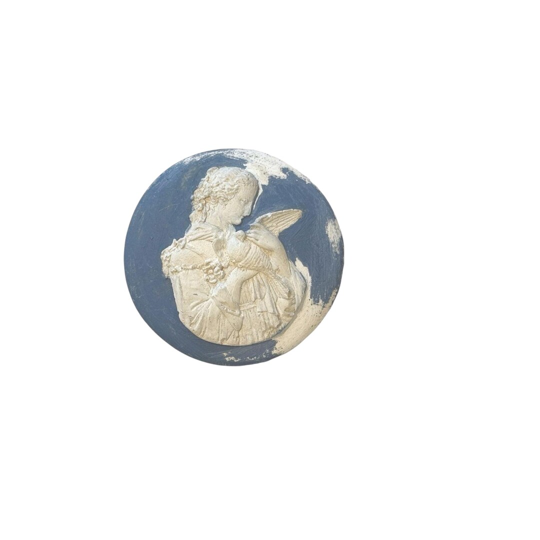 Vintage Plaster Cameo Relief of Figure Holding Dove Blue & Cream Round ...