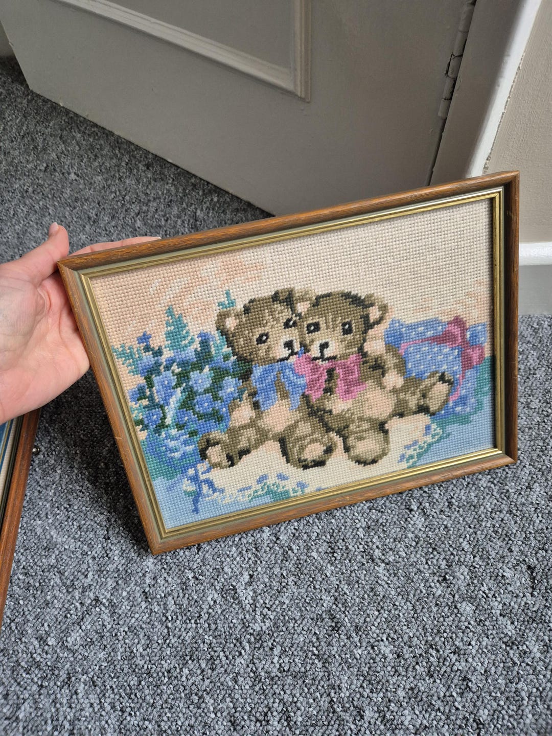 One of a Kind Framed Handmade Vintage Tapestry "les Deux Nounours" the ...