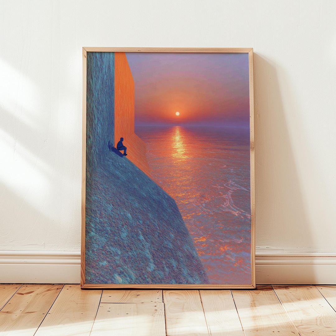 Surreal Sunset Cliff Art Print, Dreamy Ocean Landscape Poster ...