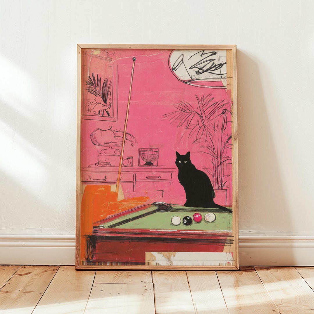 Retro Pink Cat Billiards Art Print | Funky Pool Hall Decor Wall Art ...