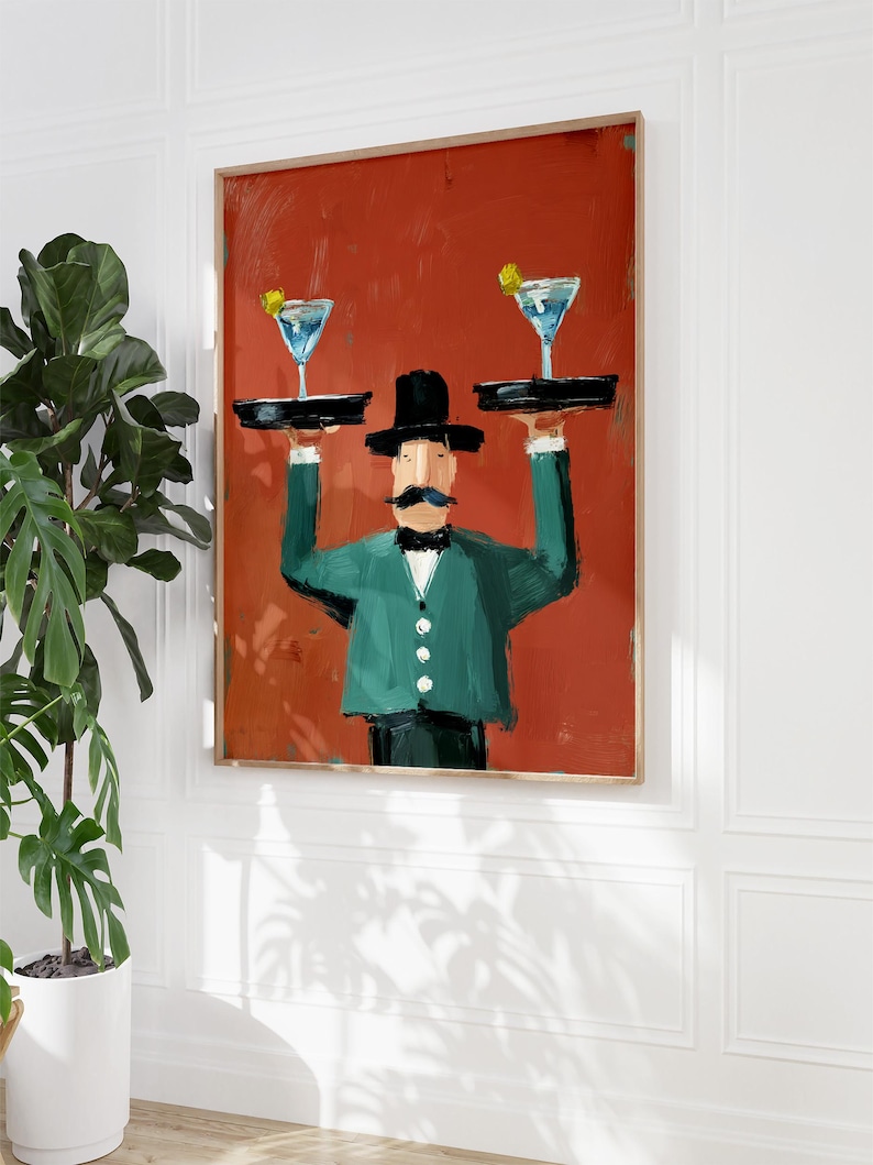 Whimsical Waiter Art Print, Vintage Cocktail Hour Decor, Martini Bar ...