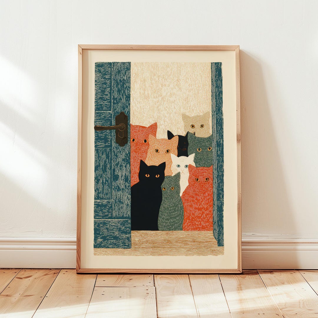 Cat Illustration Wall Art | Minimalist Cat Print With Green Door ...