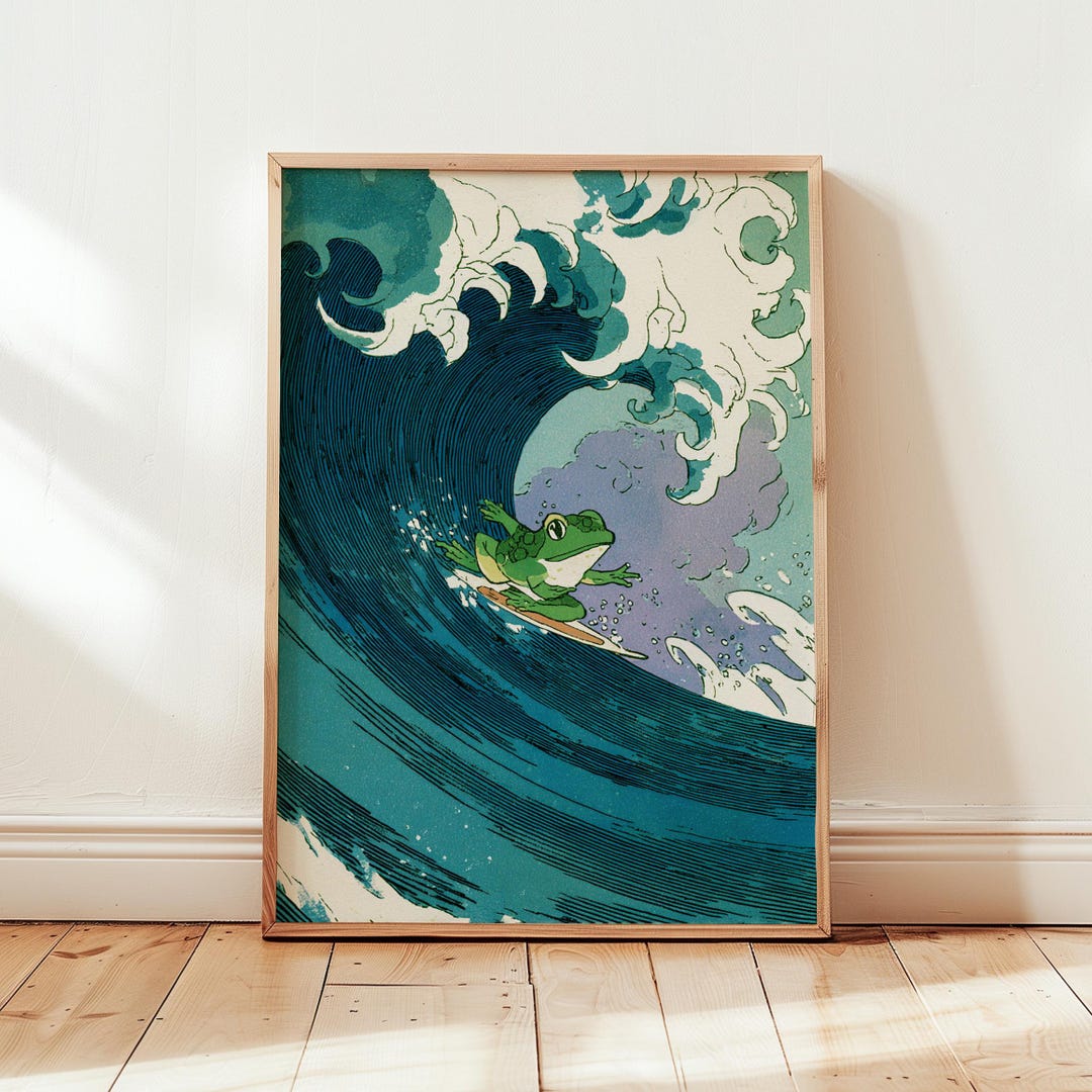 Frog Surfing Illustration Poster | Japanese Wave Style Ocean Scene ...
