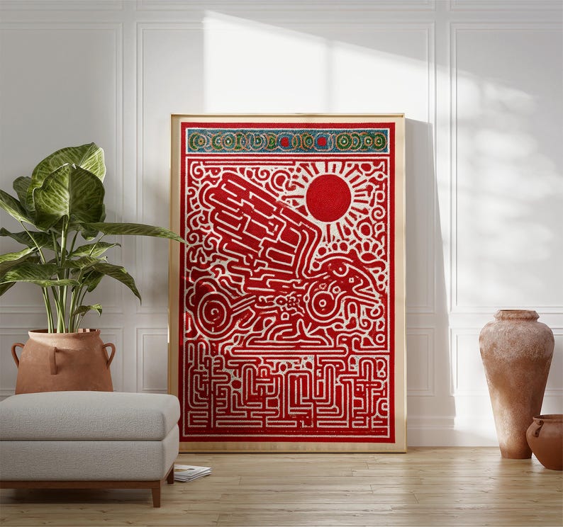 Geometric Tribal Art Print, Bold Red Abstract Maximalist Decor ...
