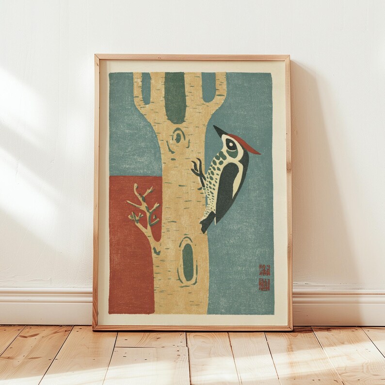Woodpecker Tree Illustration Teal Rustic Folk Art Bird Poster, Digital ...