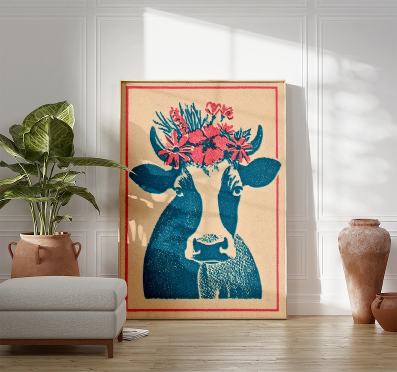 Cow Poster, Blue Pink Floral Cow Wall Art, Vintage Retro Linocut Print ...