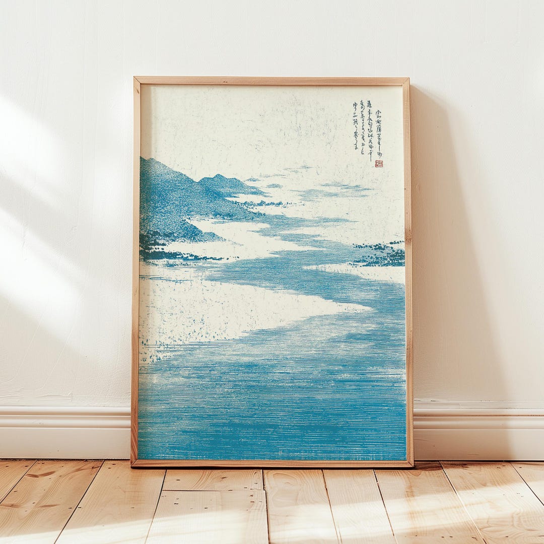 Japanese Woodblock Landscape Print, Vintage Blue Ocean Wall Art, Asian ...