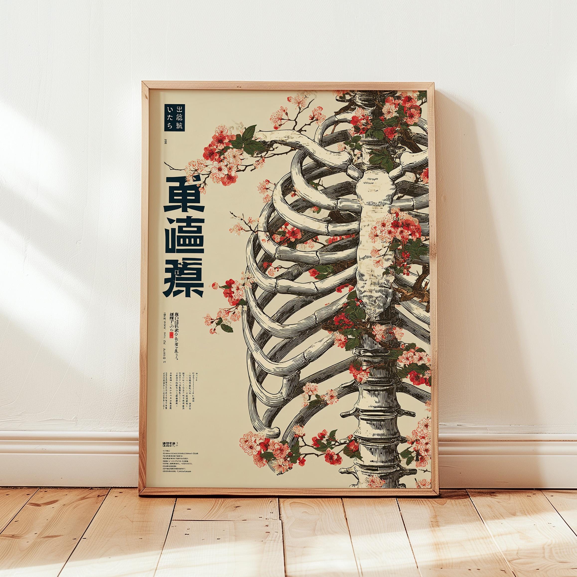 Rib Cage Anatomy Poster | Japanese Typography Floral Skeleton ...