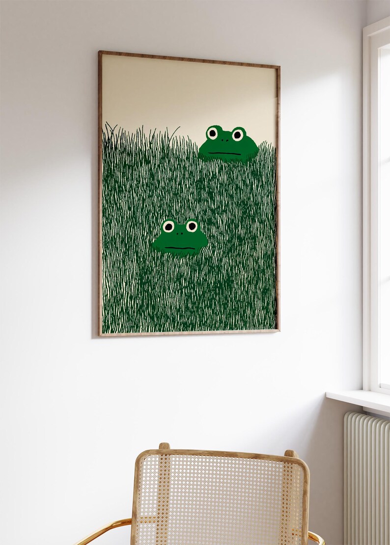 Green Frog Illustration Poster | Minimal Animal Design With Grass Pattern | Playful Nature Style ...