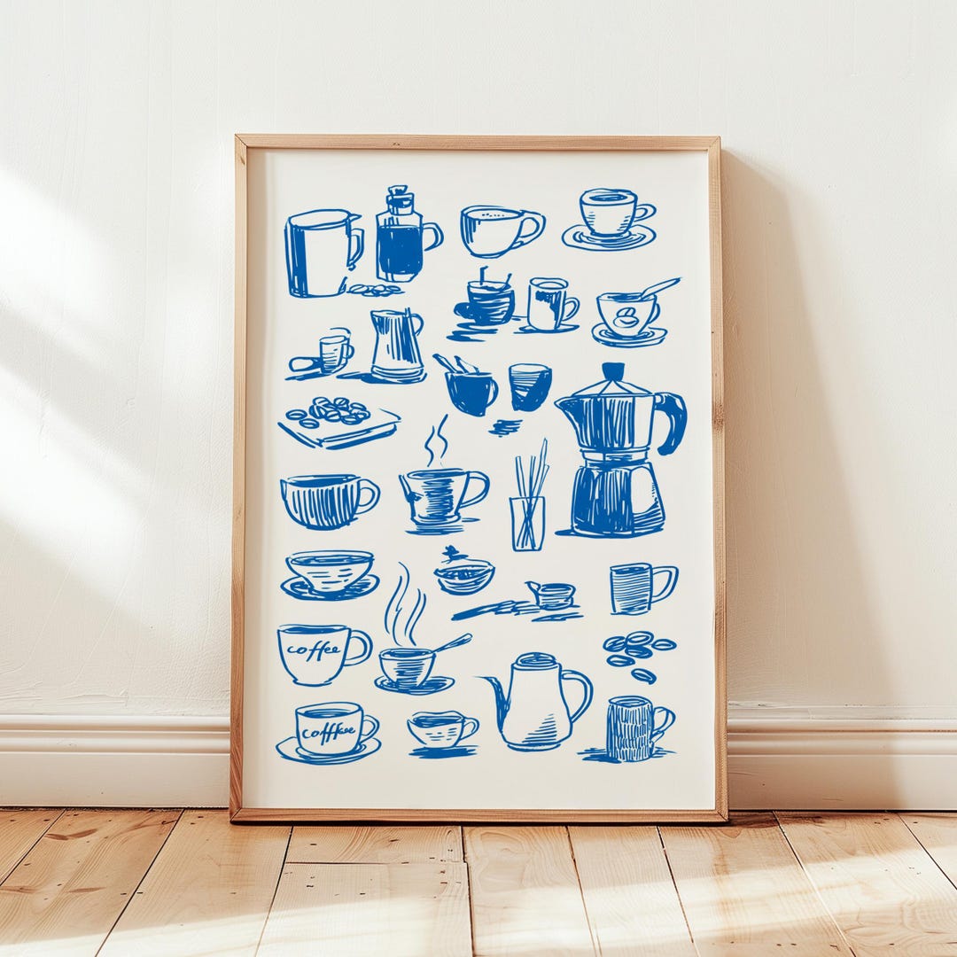 Coffee Illustration Print | Blue Line Drawing Cups and Brewers ...