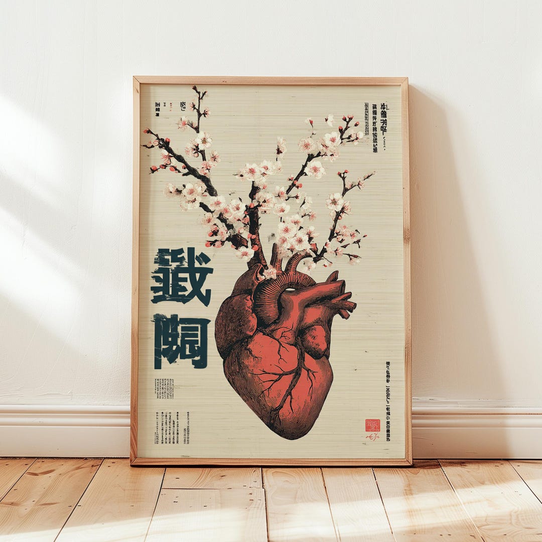 Anatomical Heart Poster Japanese Sakura Illustration | Vintage Medical ...