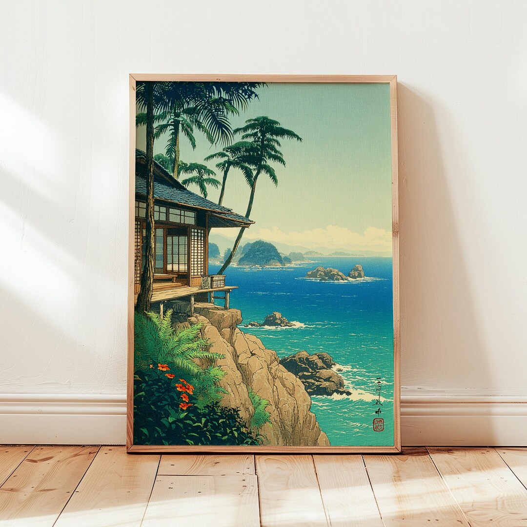 Japanese Cliff House Art Print, Ukiyo-e Tropical Palm Tree Coastal ...