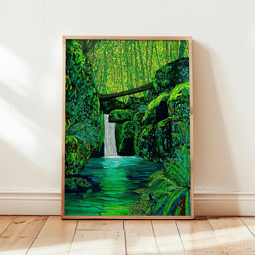 Psychedelic Jungle Waterfall Art Print, Vibrant Maximalist Nature Decor ...