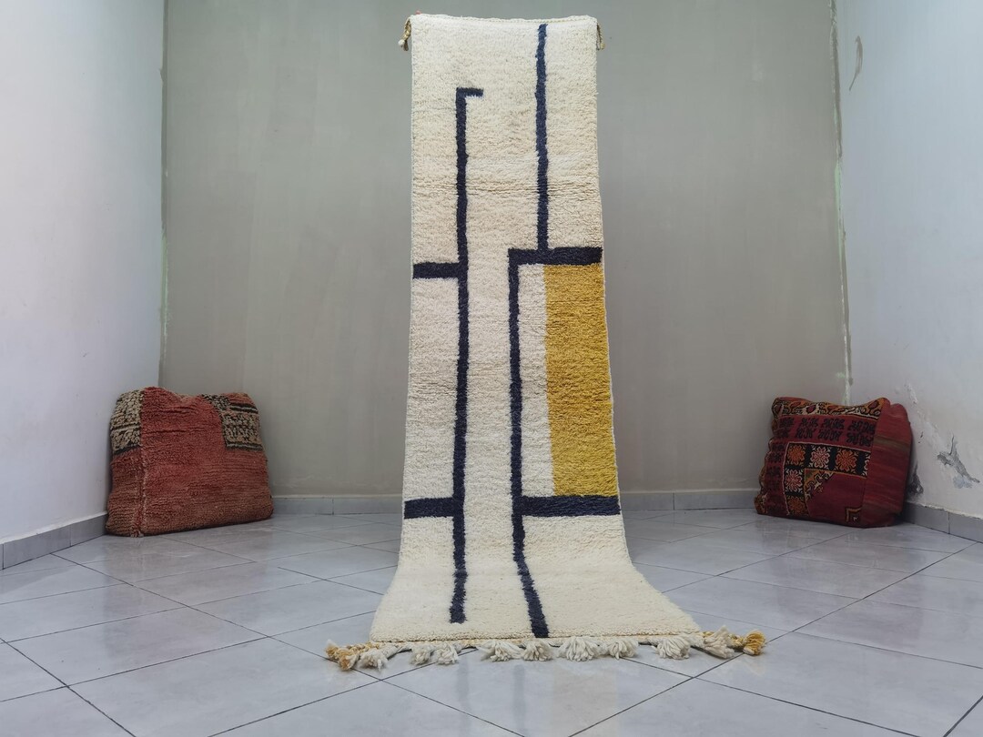White and Yellow Runner, White and Black Rug Runner, Handmade Abstract ...
