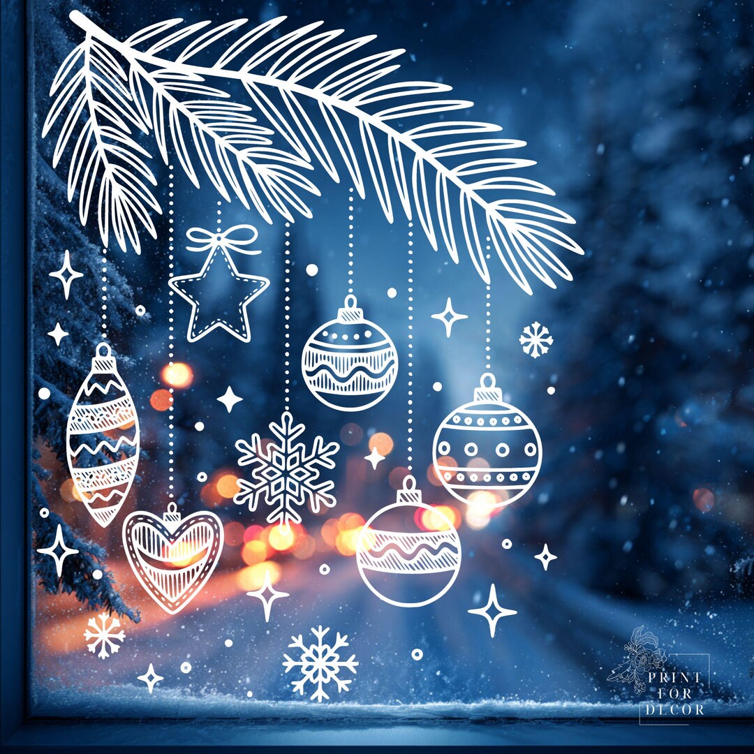 Christmas Swag Window Art Template – Pine Branches & Hanging Ornaments ...