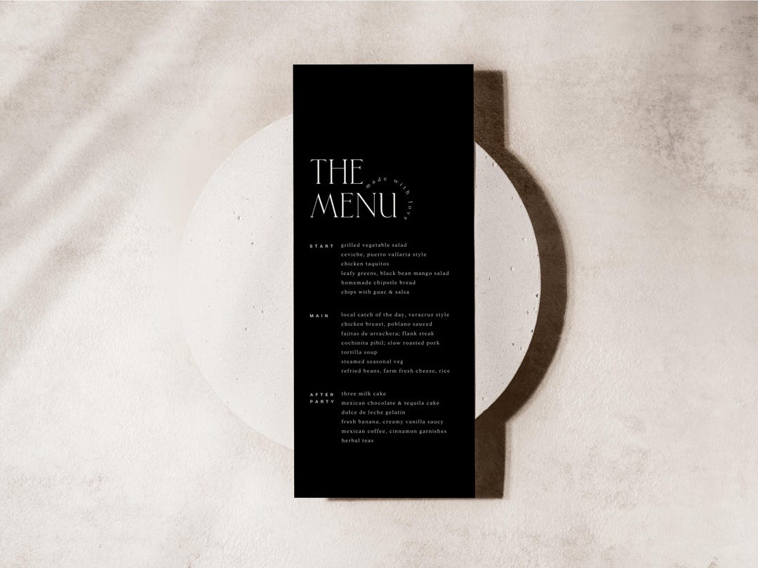 Modern Wedding Menu Template | Elegant Black & White Menu Card ...