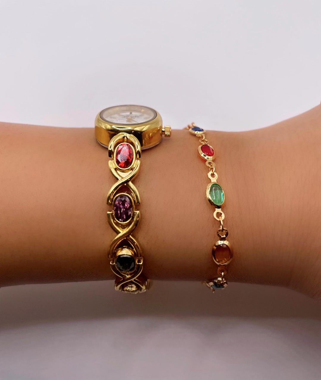 Vintage Gold Oval Watch for Women, Colorful Glass Beaded Band, Retro ...