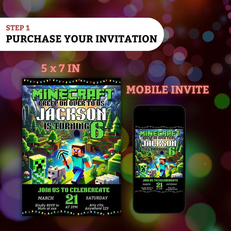 Editable Minecraft Birthday Invitation,amer/gaming Invitation Template ...