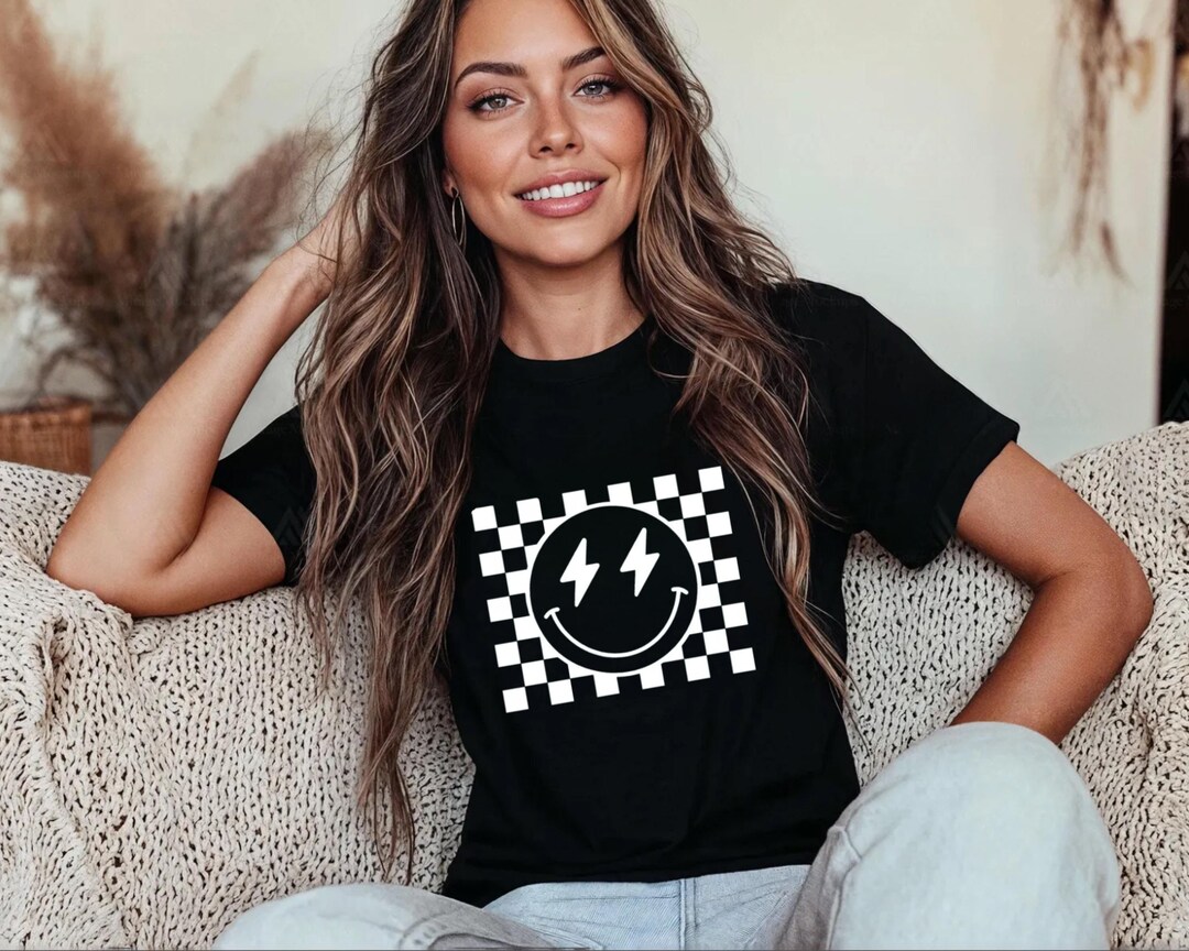 Preppy Checkered Pattern Smiley Face Shirt, Retro Smile Face Shirt ...