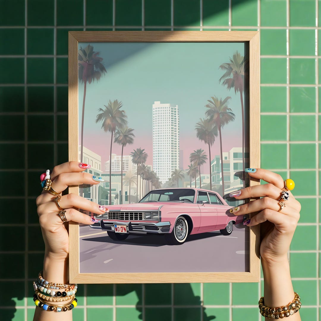 Vintage Pink Car Print, Retro Car Art, Miami Vibes Wall Art, Palm Trees ...