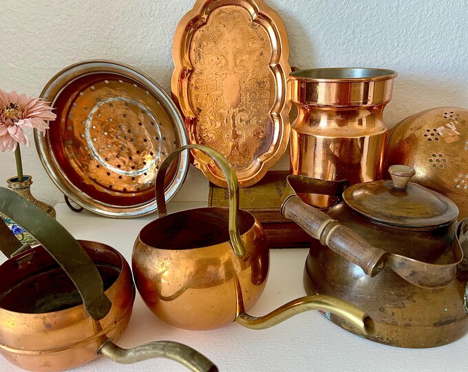 Copper Brass Kitchen Decor Watering Can Mug Tray Strainer Pan Retro ...