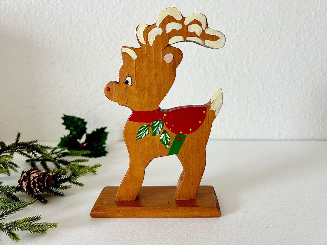7.25'' Wooden Reindeer Figure Rudolph the Red Nosed Reindeer Hand ...