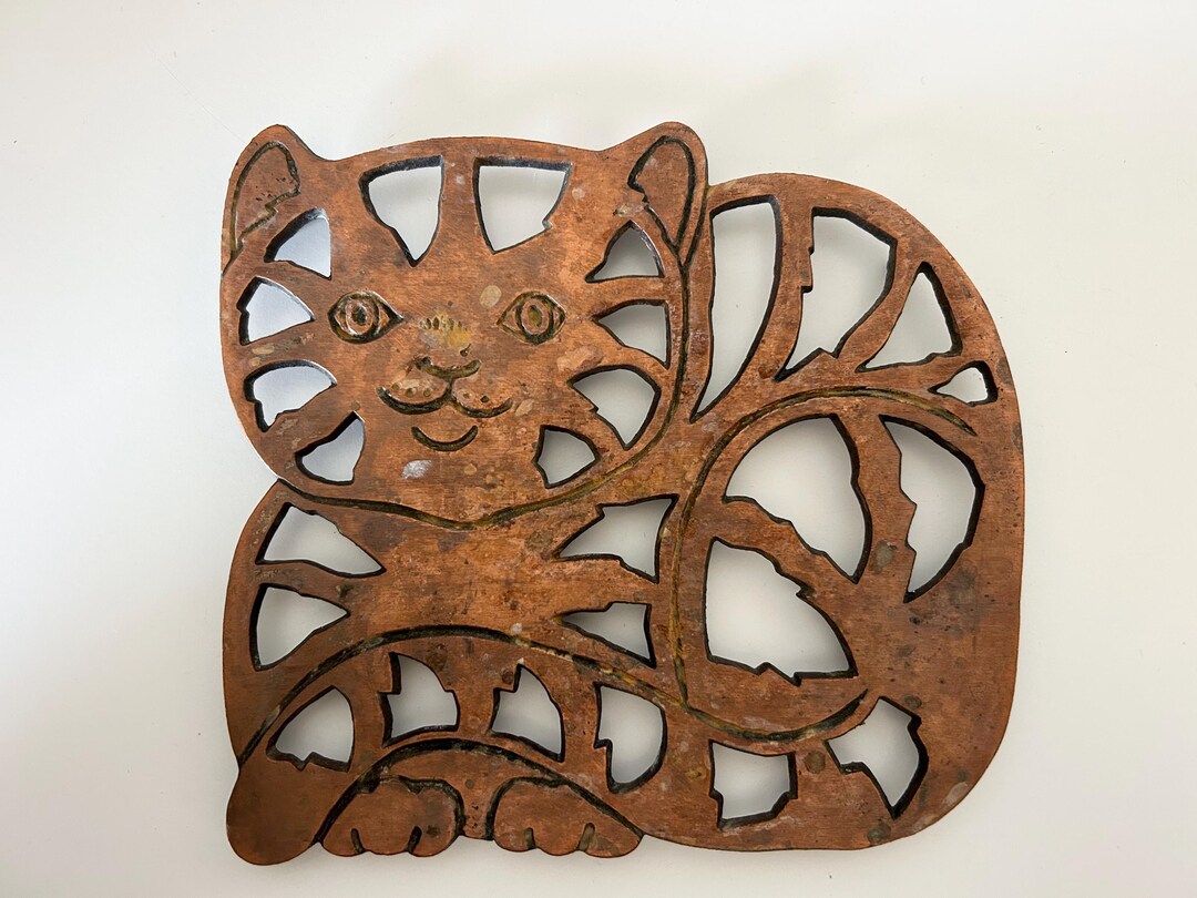 Cat Trivet, Vintage Cast Iron Hot Dish Holder Copper-plated Animal Wall ...