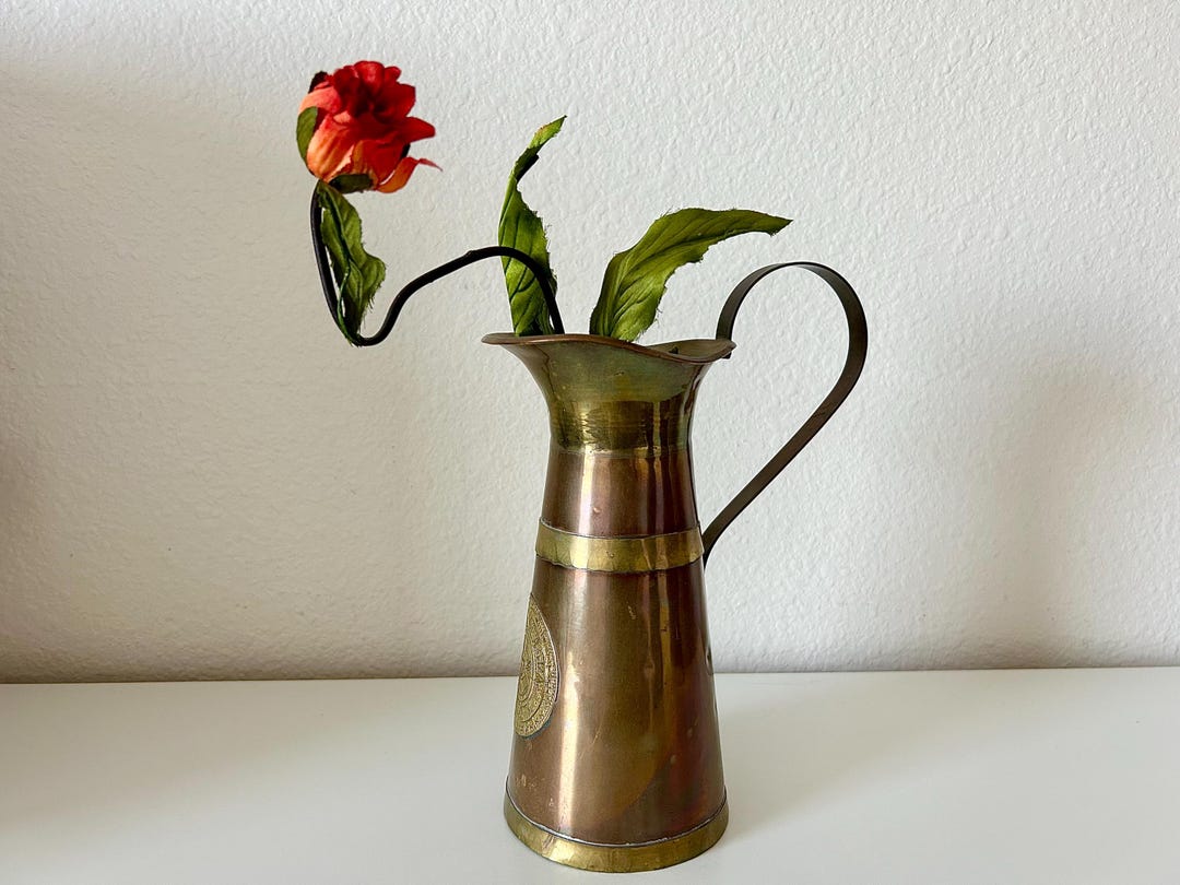 Copper & Brass Pitcher, Aztec Calendar Design, Rustic Decorative Ewer ...