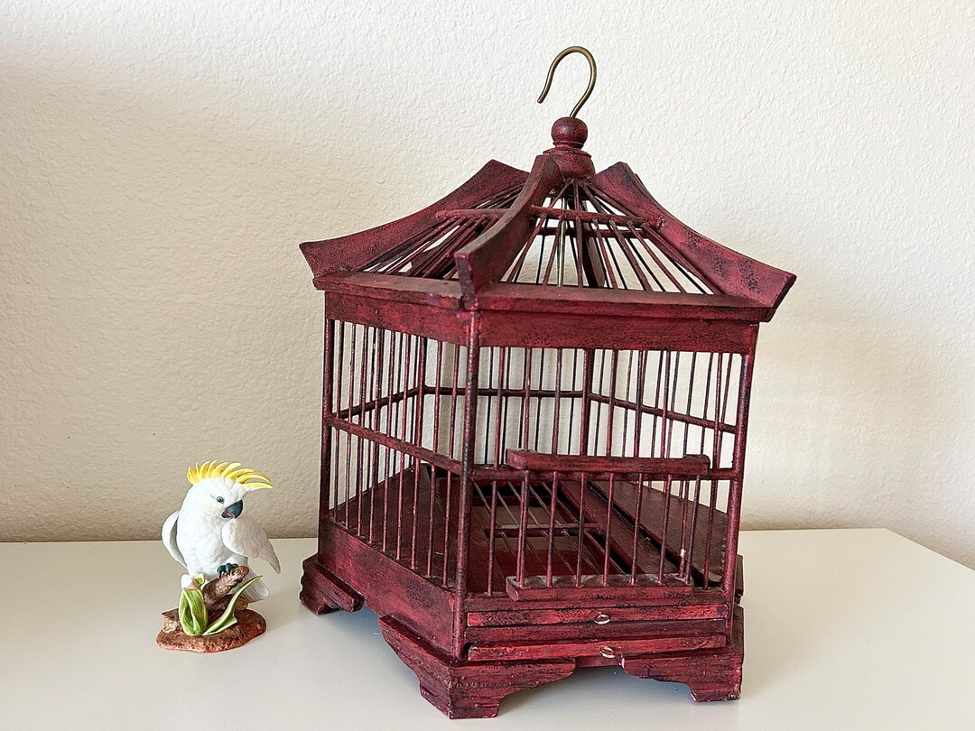 Vtg. Asian Wooden Birdcage, Decorative Aviary, Hanging or Tabletop ...