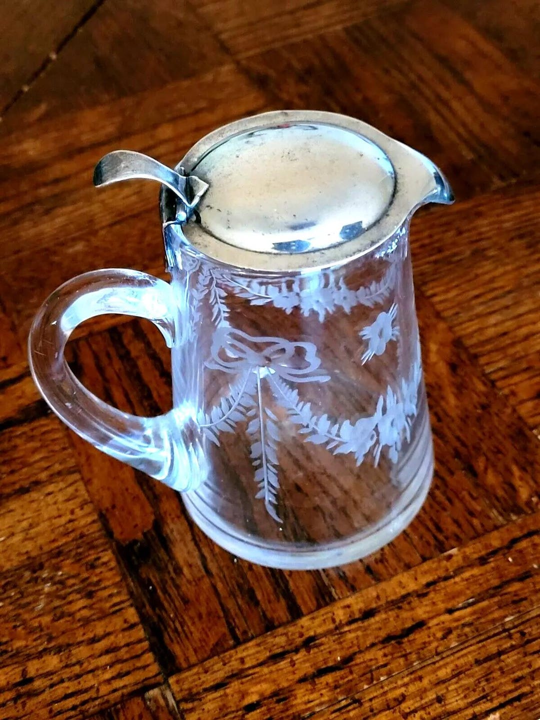Rare Edwardian Hawkes Co. Etched Glass & Sterling Silver Syrup Pitcher ...