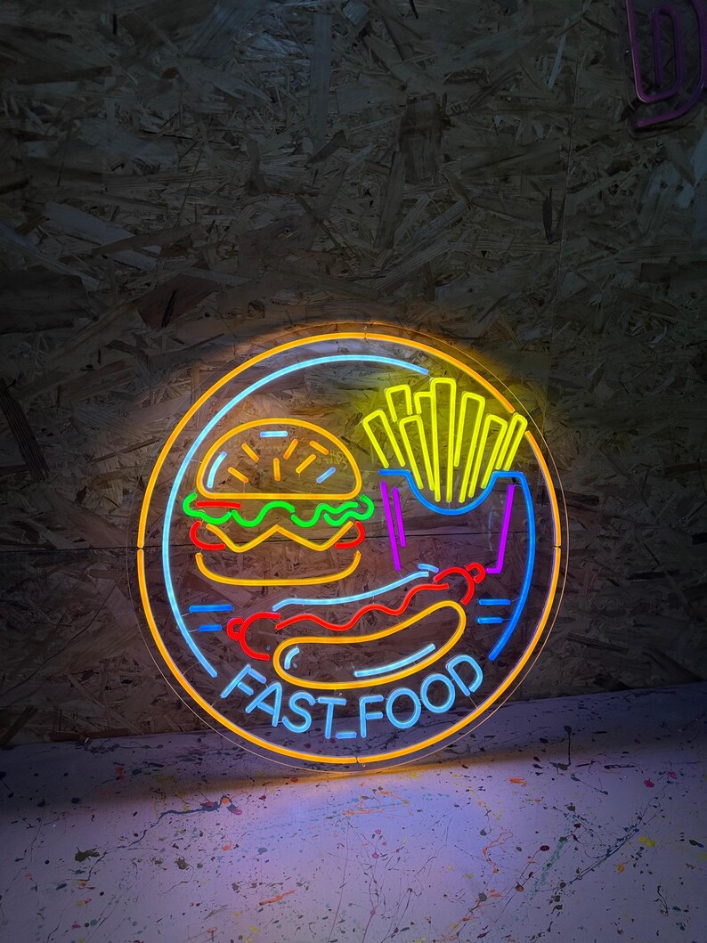 Fast Food Neon Sign – Burger, Fries & Hot Dog LED Wall Art – Retro ...