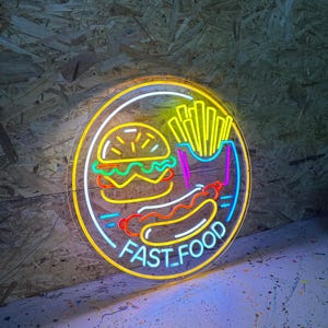 Fast Food Neon Sign – Burger, Fries & Hot Dog LED Wall Art – Retro ...