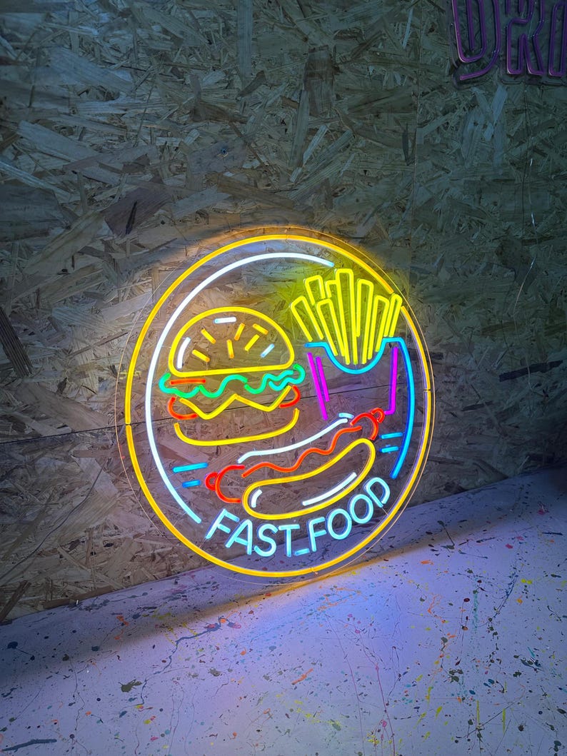 Fast Food Neon Sign – Burger, Fries & Hot Dog LED Wall Art – Retro ...