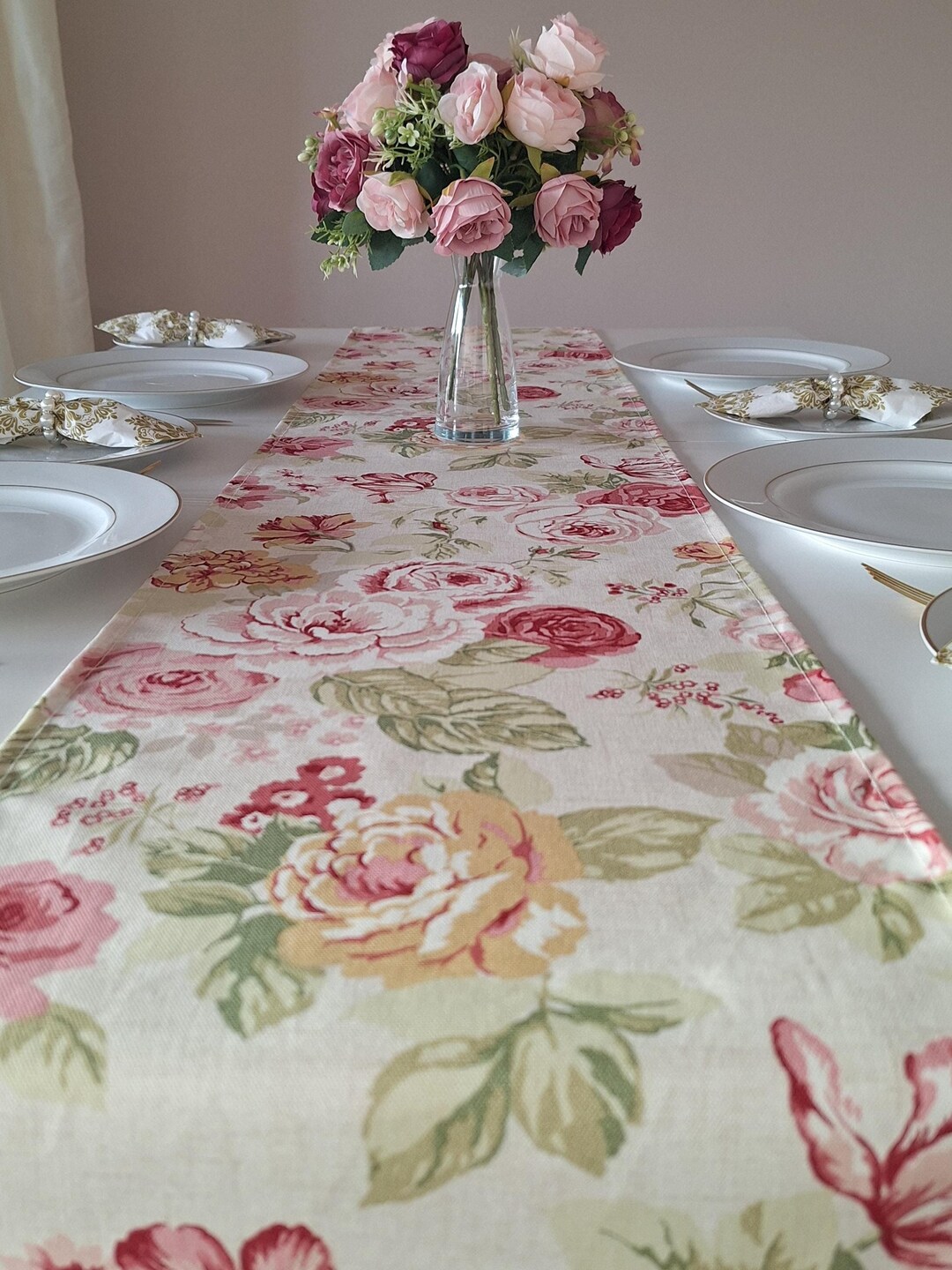 English Country Vintage Rose Table Runner, Pure Cotton - for Indoor ...