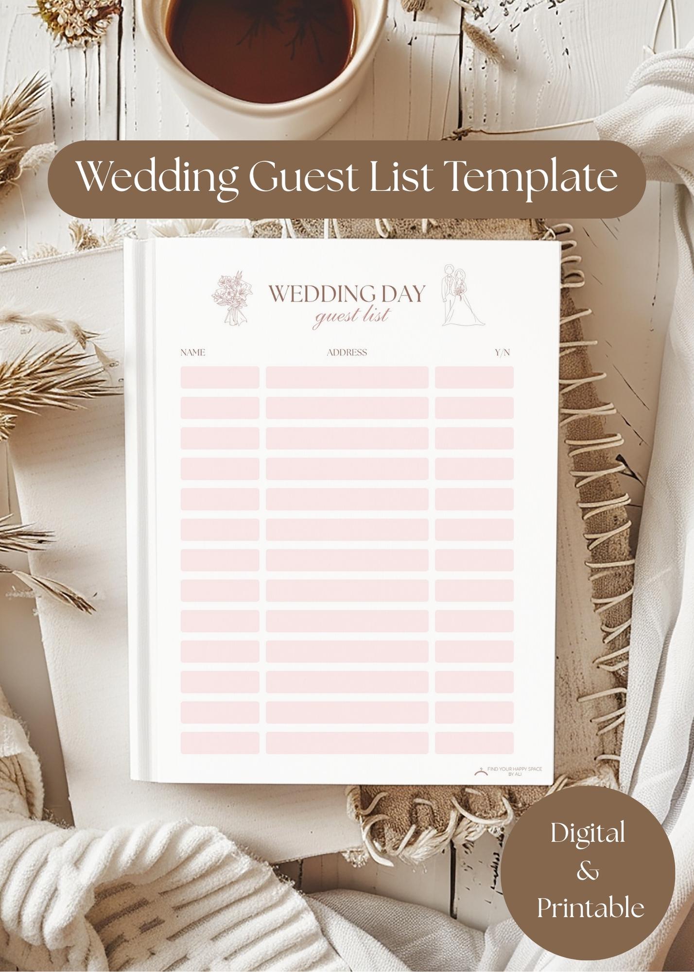 Editable Wedding Guest List Template | Printable Guest Tracker PDF ...