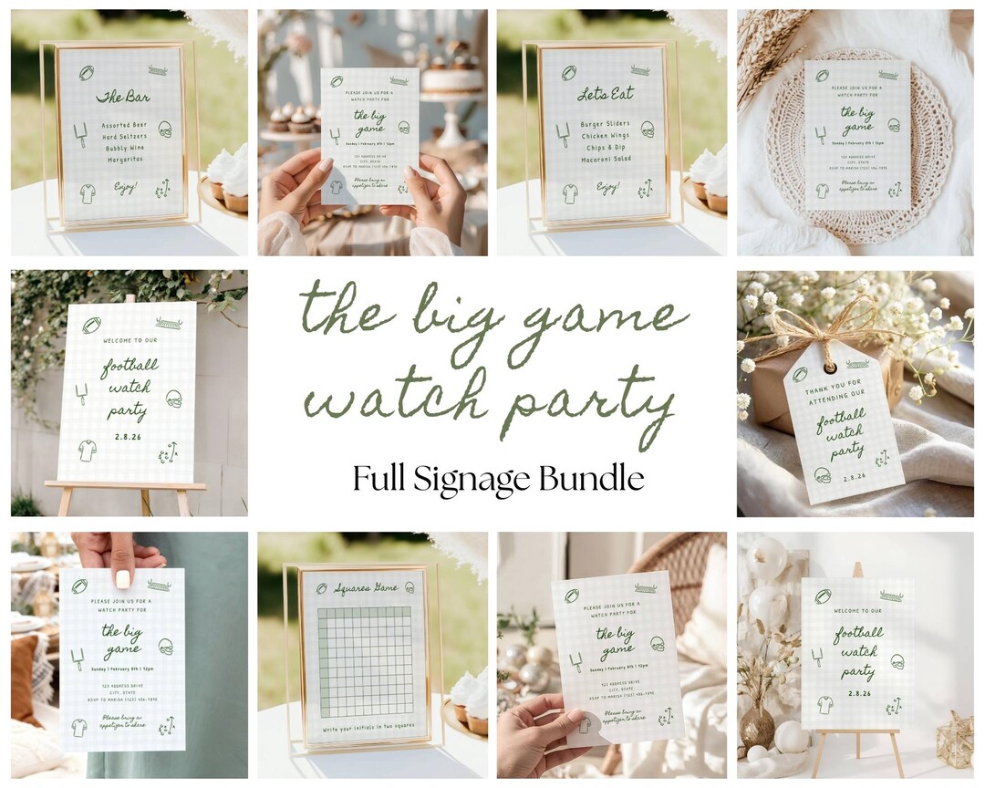Big Game Watch Party Sign Bundle: Hand Drawn Football Graphics, Green ...