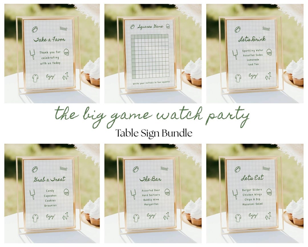 Big Game Watch Party Table Signs: Hand Drawn Football Graphics, Green ...
