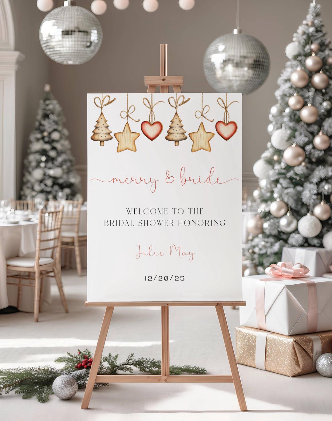 Merry and Bride Bridal Shower Welcome Sign - Red & Gold Christmas Theme ...