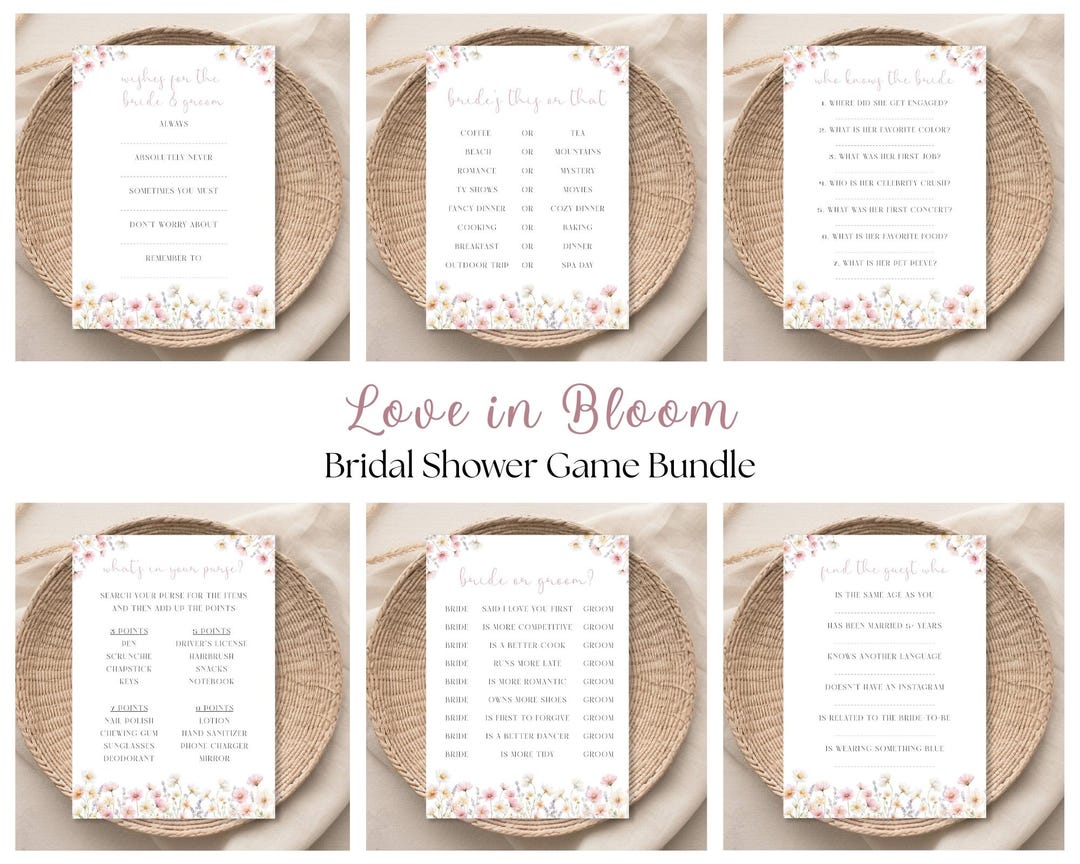 Love in Bloom Bridal Shower Game Bundle: Pink Purple Spring Wildflower ...