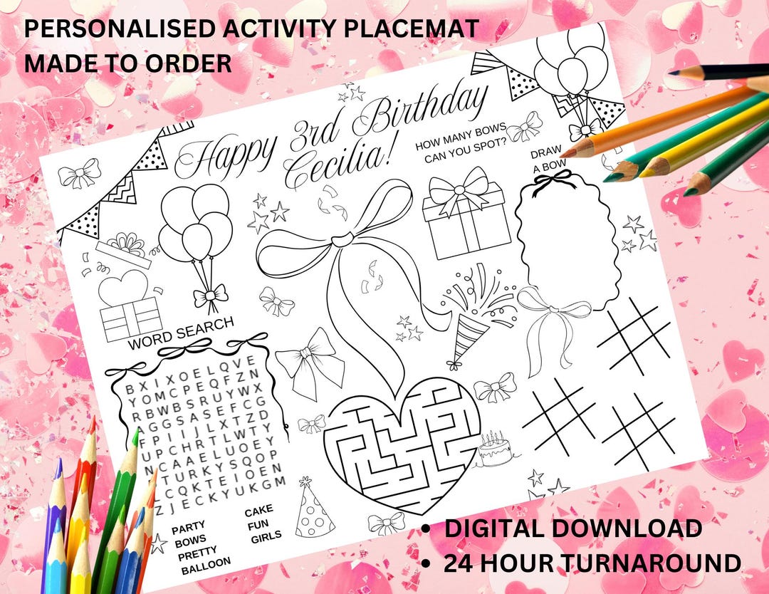 Bow Coquette Birthday Activity Placemat, Bow Birthday Party Coloring ...
