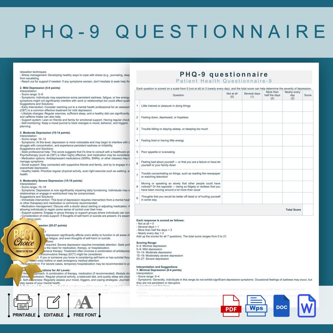 Printable PHQ-9 Questionnaire, Phq-9 Depression Test,phq-9 Self ...