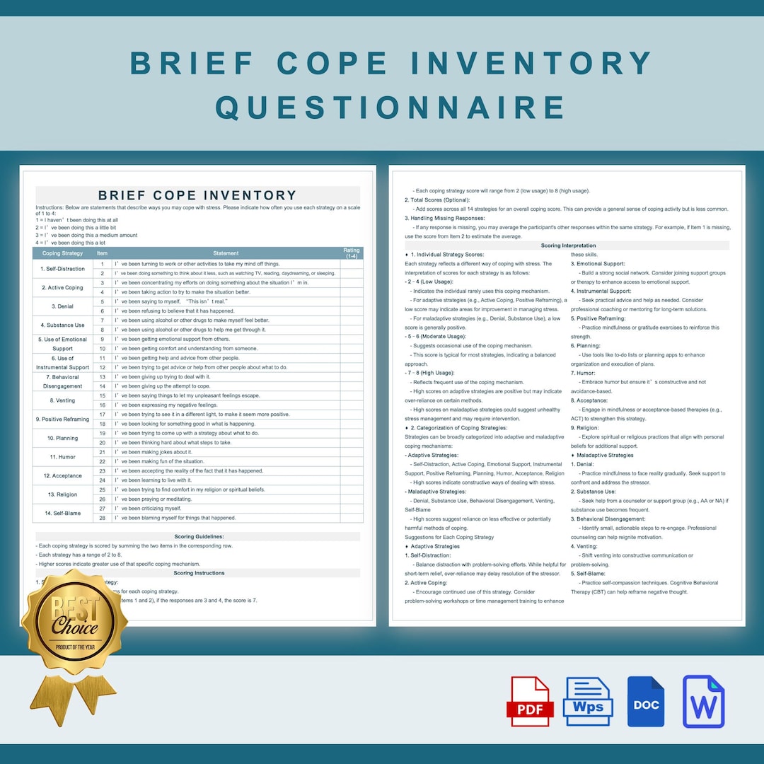 Brief COPE Inventory Questionnaire for Stress Management，printable Brief COPE Stress Coping ...