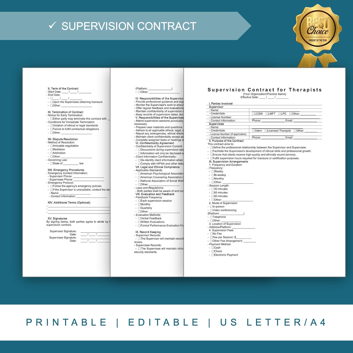 Supervision Contract Template for Therapists, Printable Supervision ...