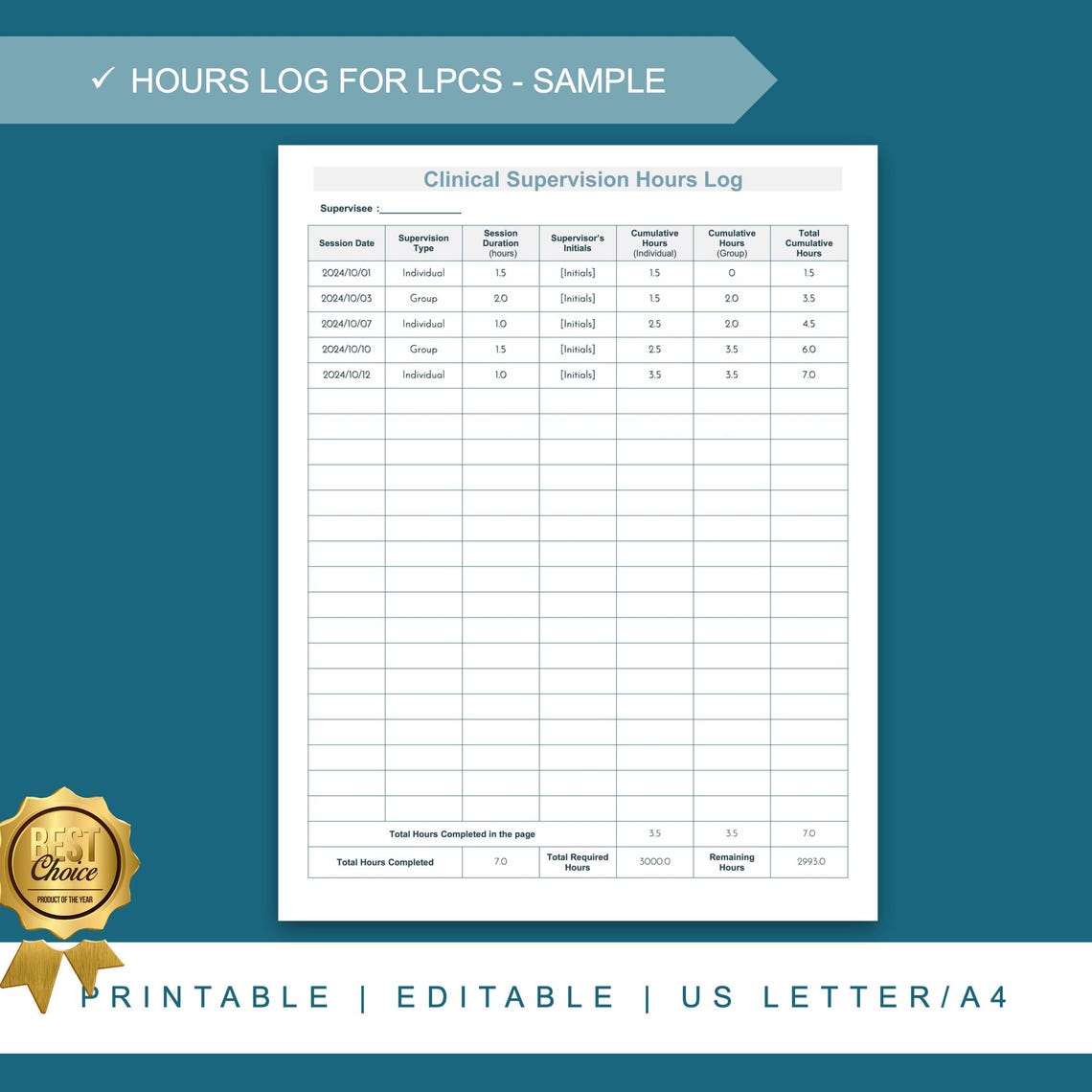 Clinical Supervision Session Form & Hours Log for Lpcs, Editable ...