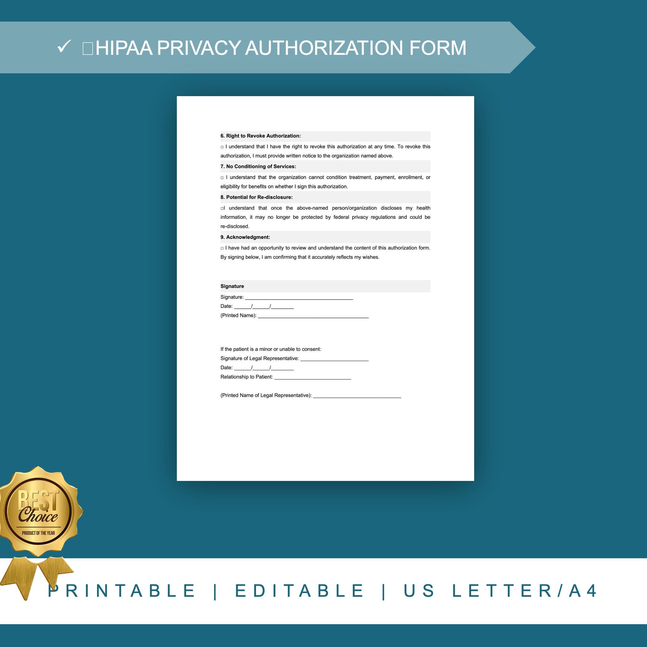 Editable HIPAA Privacy Authorization Form, Printable Medical Release Template,hipaa Compliant ...